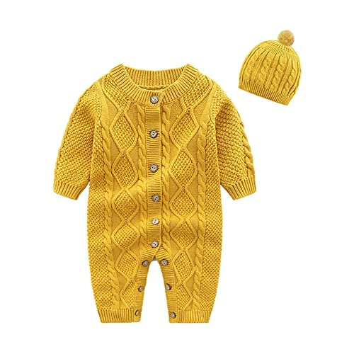 IADOER Baby Newborn Boy Knitted Sweater Romper Cotton Longsleeve Outfit with Kids Winter Warm Hats Set（Yellow 0-3M