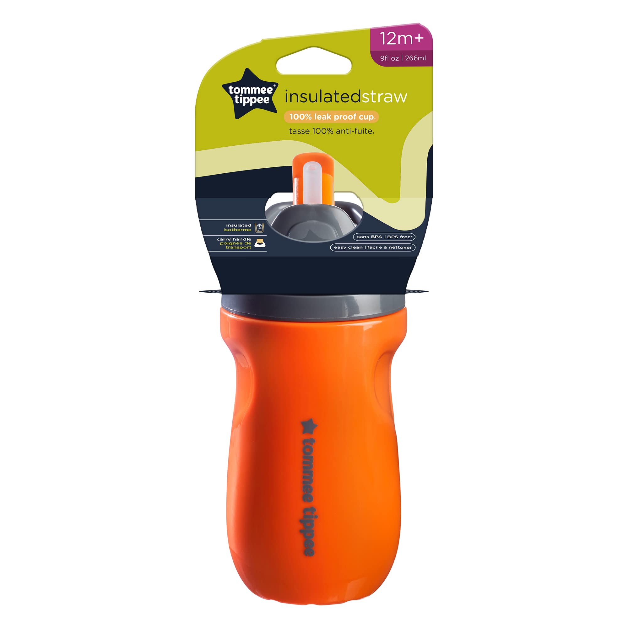 Tommee Tippee Insulated Non-Spill Straw Cup, 12m+ Toddler Training Drinking Bottle, 100% Leak Proof, Sporty Carry Handle, BPA Free, 9oz, Orange