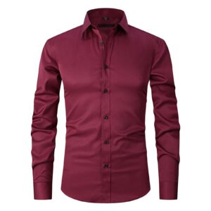 men's long sleeve button down shirts solid color lightweight slim fit shirts classic stylish business dress shirt (red wine,40)