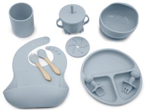 blue gray-10 piece silicone baby feeding set-baby led weaning supplies-baby eating supplies, baby plates/toddler plates, bib, sippy cup, baby spoons first stage 4 months, and infant silicone fork