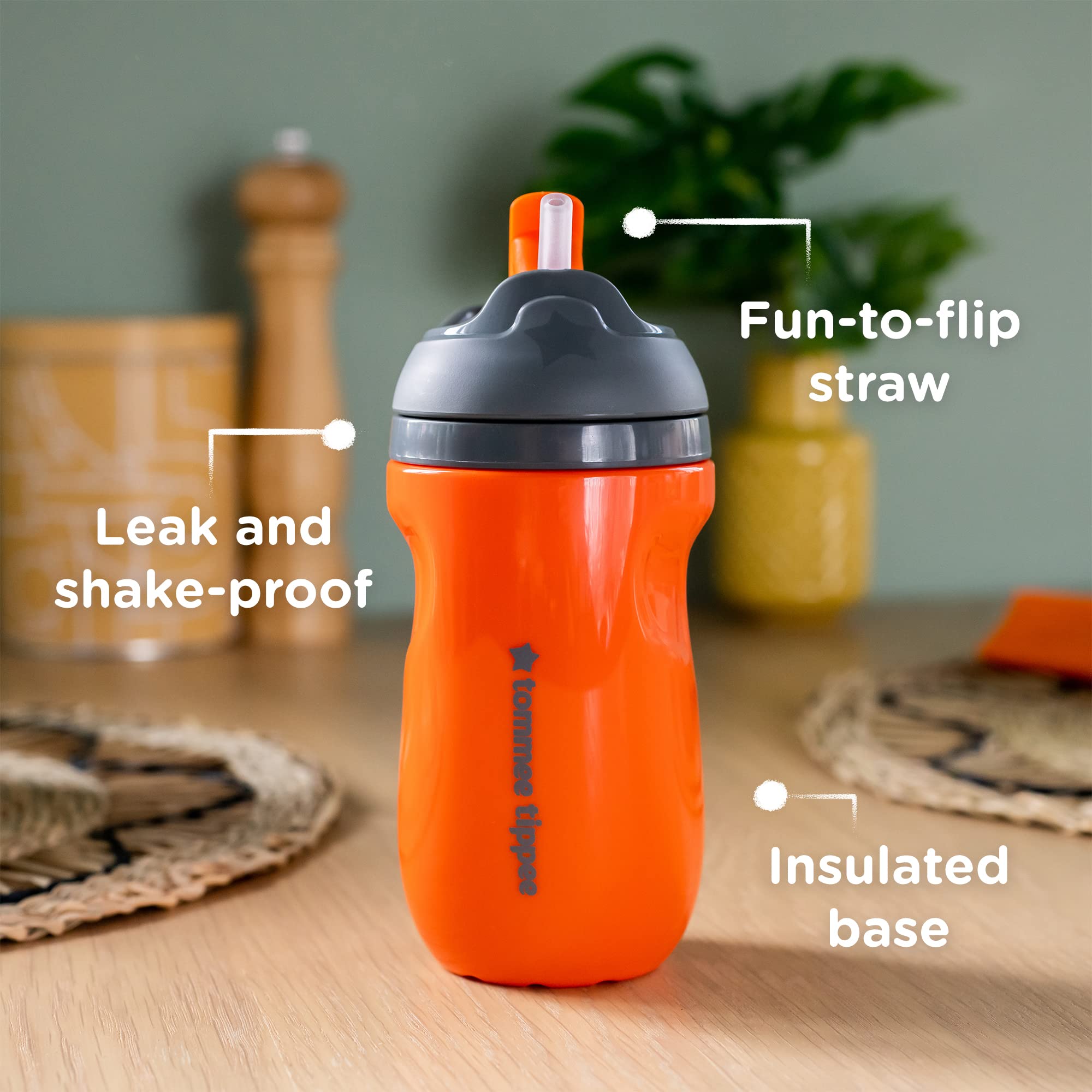 Tommee Tippee Insulated Non-Spill Straw Cup, 12m+ Toddler Training Drinking Bottle, 100% Leak Proof, Sporty Carry Handle, BPA Free, 9oz, Orange