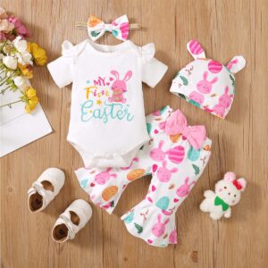 Happidoo Newborn Girl Easter Day Clothes Baby Easter Rabbit Flare Pant Outfit My First Easter Bunny Bodysuit (White, 0-3 Months)