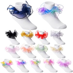 lasnten 15 pairs ruffle socks for toddler girls double lace socks bulk turn cuff big ruffle for infant toddler and kids(4-6 years)