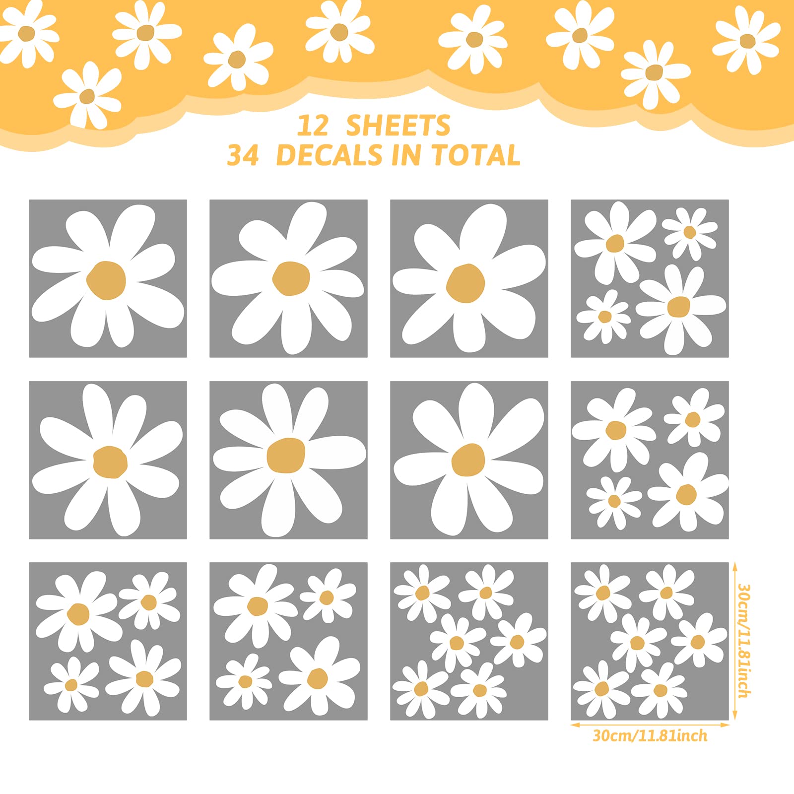 12 Sheets Daisy Wall Decals Flower Wall Stickers Large Daisy Wall Stickers Daisy Decals for Wall Peel and Stick for Nursery Bedroom Living Room Wall Decor (Cute Style)