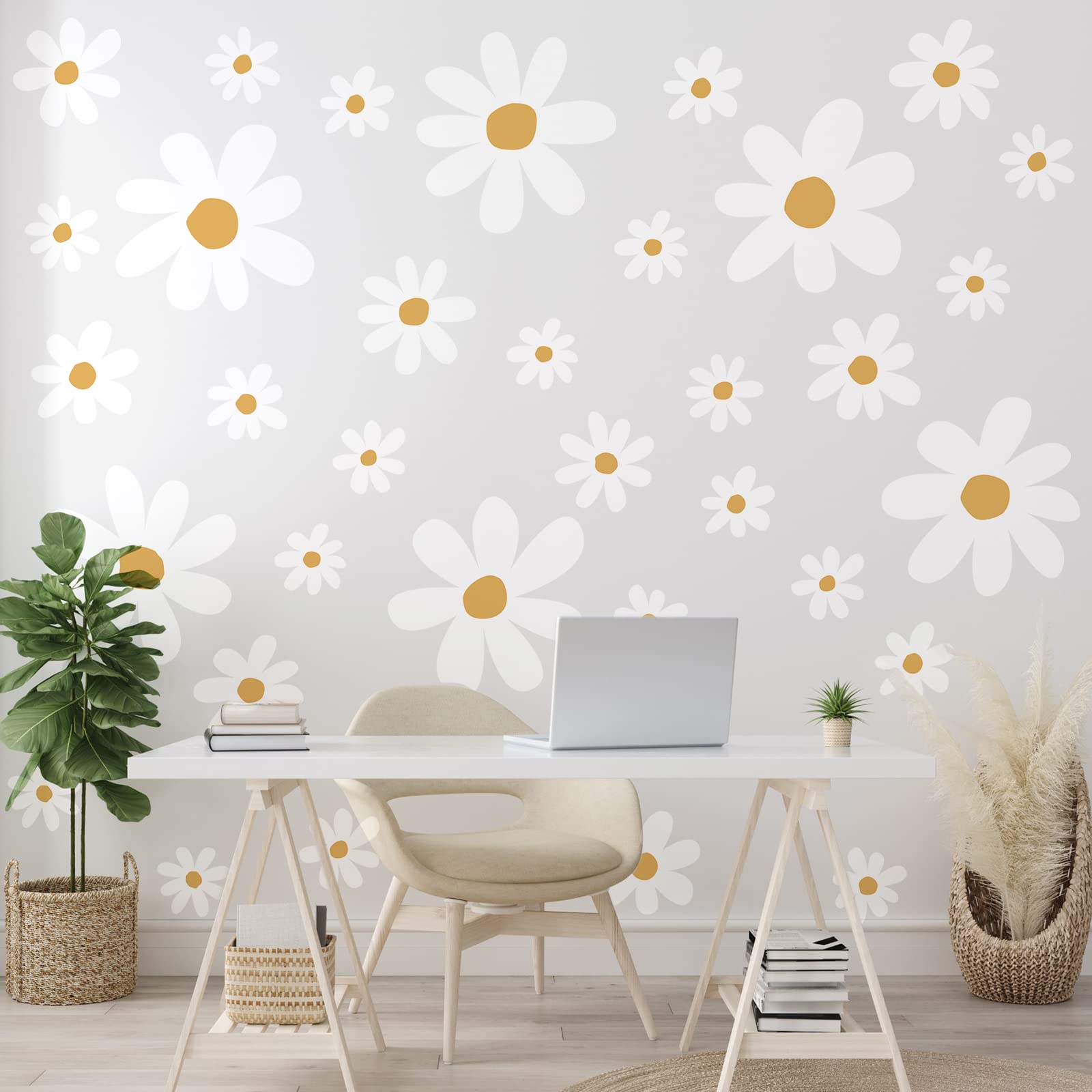 12 Sheets Daisy Wall Decals Flower Wall Stickers Large Daisy Wall Stickers Daisy Decals for Wall Peel and Stick for Nursery Bedroom Living Room Wall Decor (Cute Style)