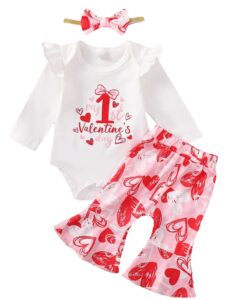 aslaylme newborn girl valentine day clothes baby my 1st valentine's day flare pant outfit (red, 0-3 months)