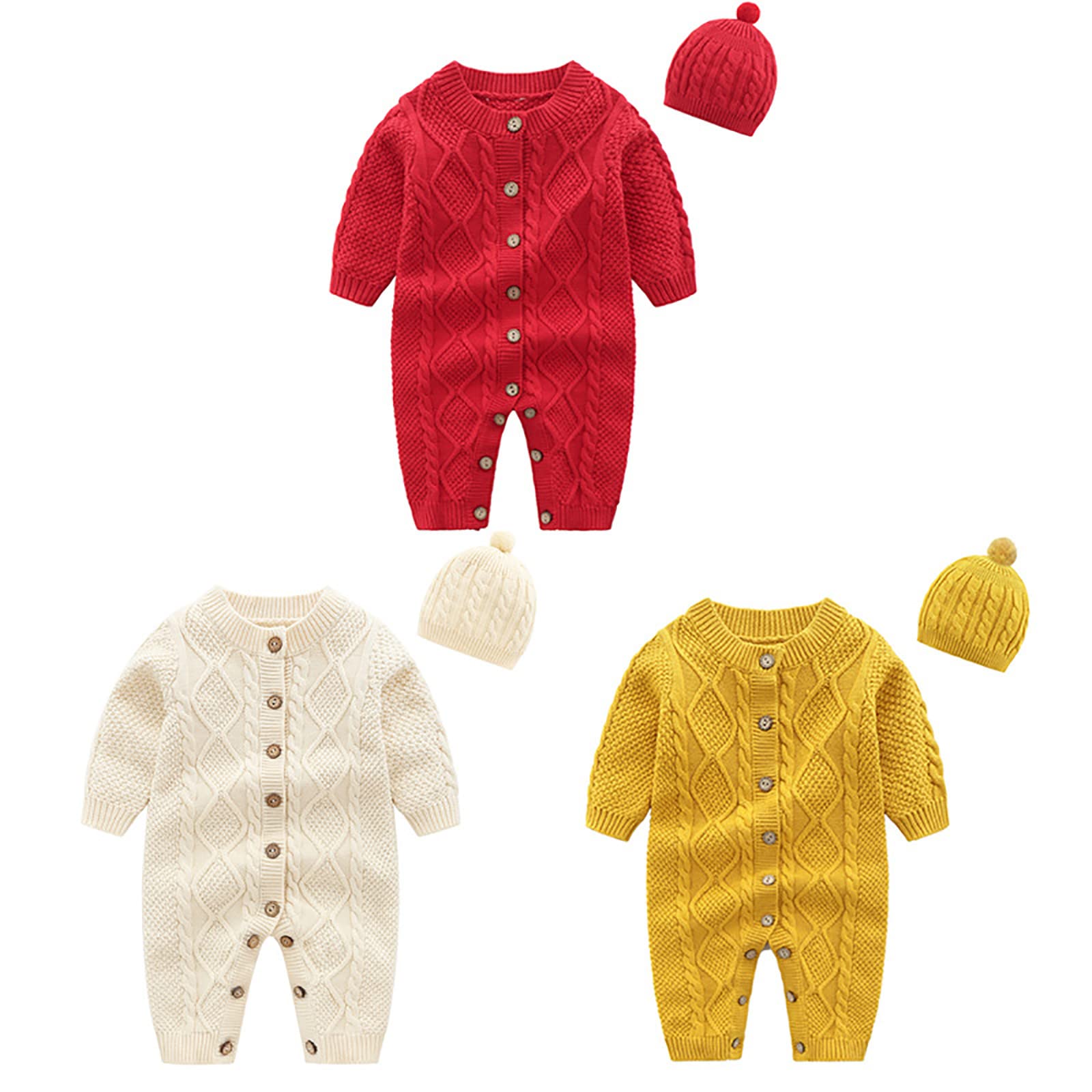 IADOER Baby Newborn Boy Knitted Sweater Romper Cotton Longsleeve Outfit with Kids Winter Warm Hats Set（Yellow 0-3M