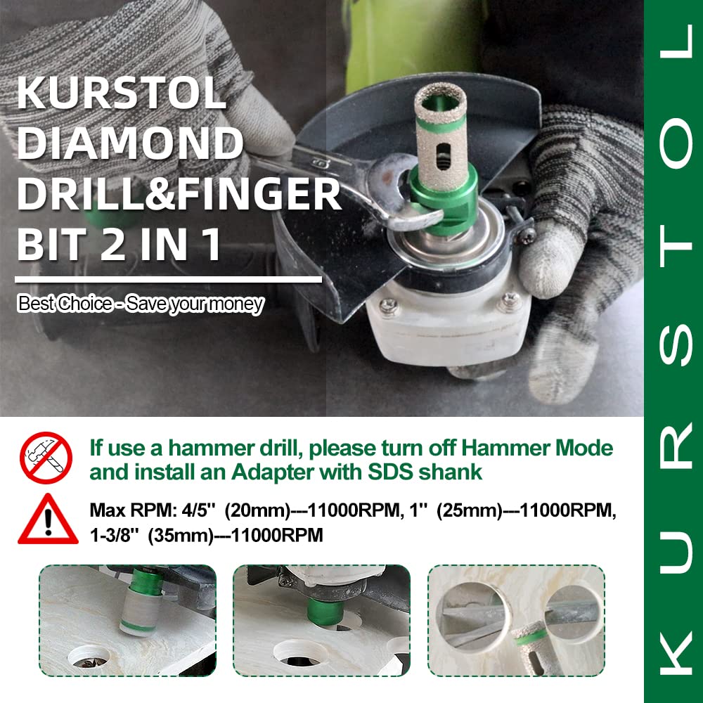 KURSTOL Diamond core Drill bit - Diamond Finger Milling Bit Dia 1-3/8"X5/8-11 Thread for Enlarging Shaping Round Bevel Existing Holes in Porcelain,Hard Ceramic,Granite,Marble Roun