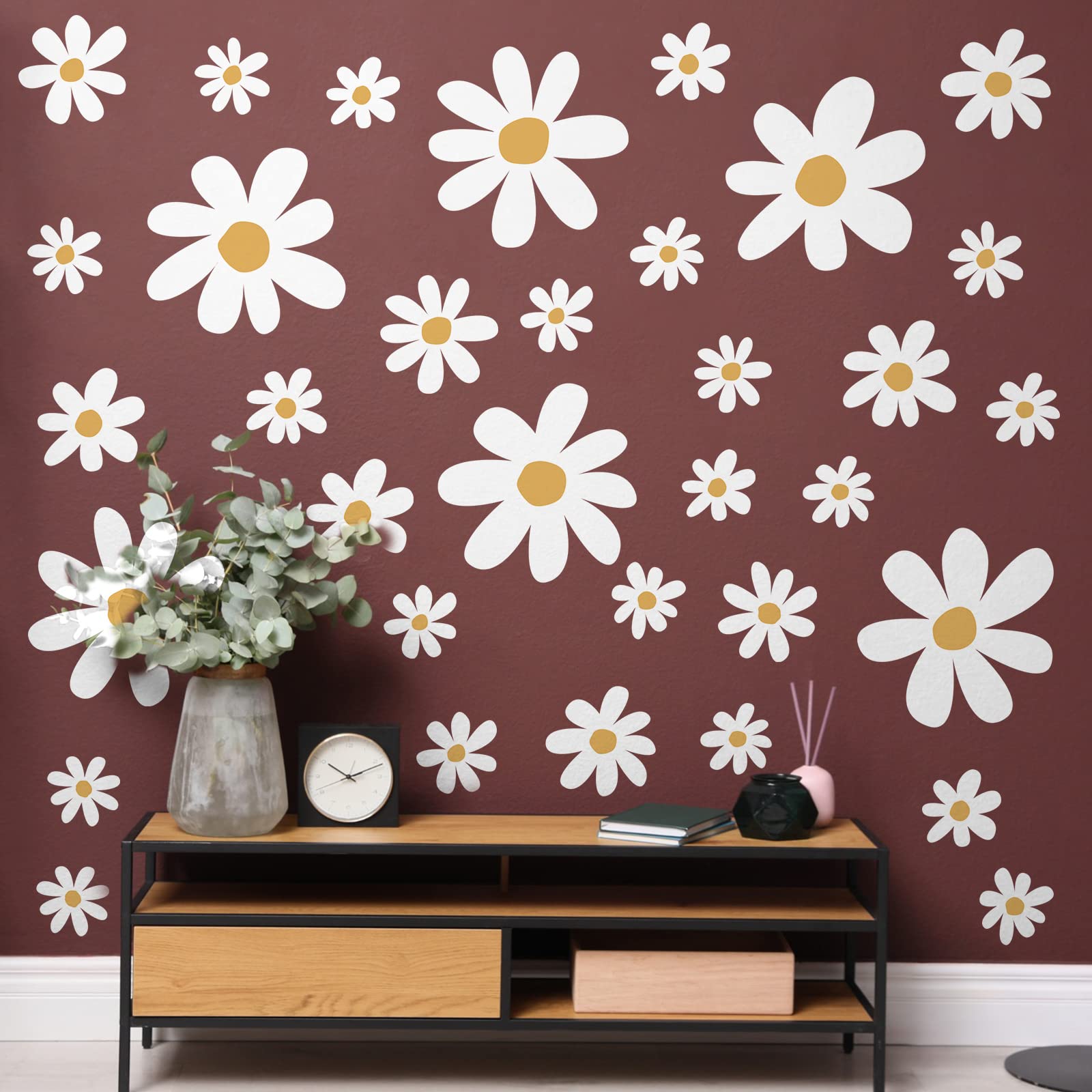 12 Sheets Daisy Wall Decals Flower Wall Stickers Large Daisy Wall Stickers Daisy Decals for Wall Peel and Stick for Nursery Bedroom Living Room Wall Decor (Cute Style)