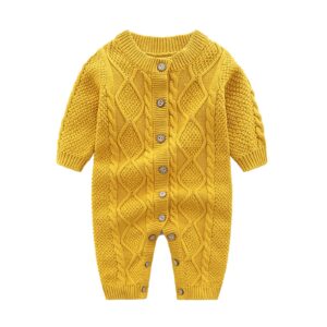 IADOER Baby Newborn Boy Knitted Sweater Romper Cotton Longsleeve Outfit with Kids Winter Warm Hats Set（Yellow 0-3M