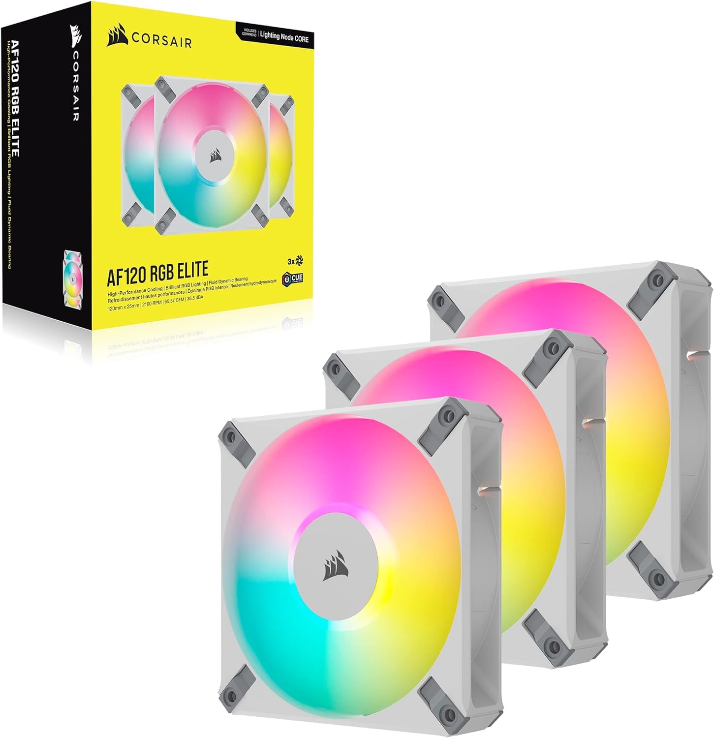 Corsair iCUE AF120 RGB Elite 120mm PWM Triple Fan Kit - Eight RGB LEDs Per Fan - AirGuide Technology - Fluid Dynamic Bearing - Zero RPM Fan Mode - Included iCUE Lighting Node CORE Controller - White