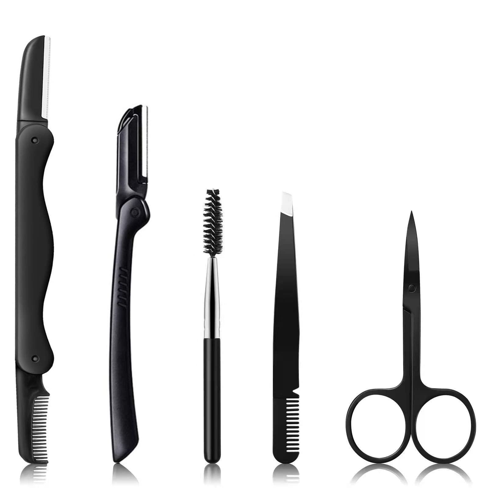 Eyebrow Razor, KAJUDA Eyebrow Kit, 5 in 1 Eyebrow Trimmer, Eyebrow Grooming Set for Women and Men, Including Comb Tweezers, Scissors, Brow Razors, Brush for Eyebrow Eyelash Extensions