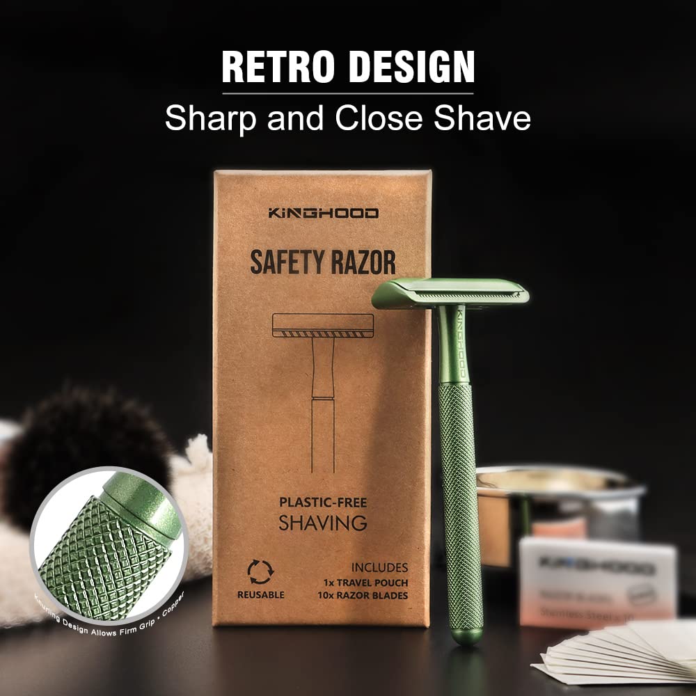 Kinghood Single Blade Safety Razor for Men & Women with 10 Stainless Steel Double Edge Blades - Metal Reusable Eco-Friendly Zero-Waste One Blade Razor Handle