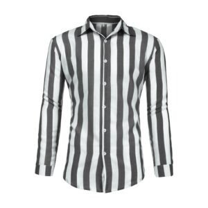 men casual striped button down shirts long sleeve slim fit beach shirt fall regular fit business dress shirt top (grey,medium)