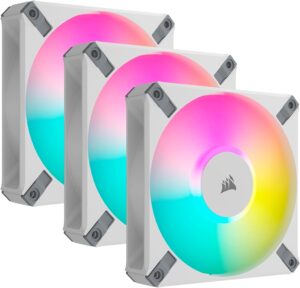 corsair icue af120 rgb elite 120mm pwm triple fan kit - eight rgb leds per fan - airguide technology - fluid dynamic bearing - zero rpm fan mode - included icue lighting node core controller - white