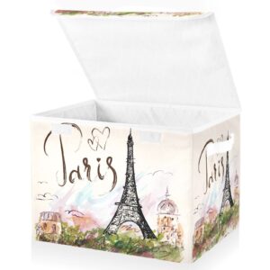 DOMIKING Paris Eiffel Tower Collapsible Rectangular Storage Bins with Lids Decorative Lidded Basket for Toys Organizers Fabric Storage Boxes with Handles for Pet/Children Toys Clothes Nursery