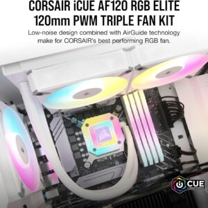 Corsair iCUE AF120 RGB Elite 120mm PWM Triple Fan Kit - Eight RGB LEDs Per Fan - AirGuide Technology - Fluid Dynamic Bearing - Zero RPM Fan Mode - Included iCUE Lighting Node CORE Controller - White