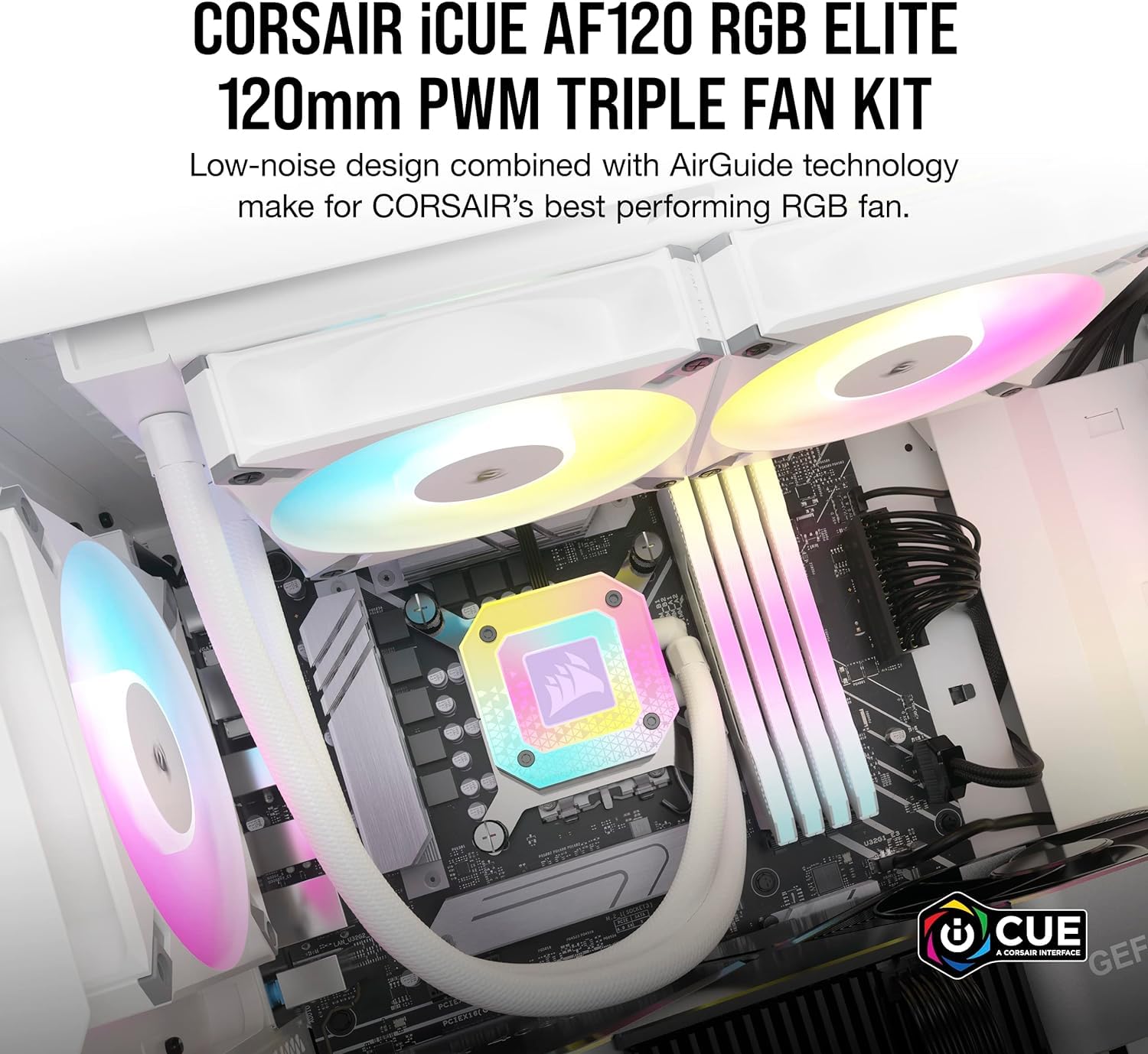 Corsair iCUE AF120 RGB Elite 120mm PWM Triple Fan Kit - Eight RGB LEDs Per Fan - AirGuide Technology - Fluid Dynamic Bearing - Zero RPM Fan Mode - Included iCUE Lighting Node CORE Controller - White