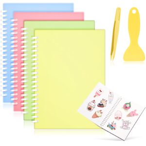 4 pieces sticker collecting book album reusable sticker book with a plastic spatula and tweezer a5 size 8.3" x 5.8" christmas notepads sticker collection labels accessories (pink, blue, yellow, green)