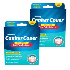 dentemp canker sore medicine 2pk canker cover - oral pain reliever (12 count) - treatment to relieve canker pain, mouth sores & mouth irritation - fast acting canker sore relief tablets for adults