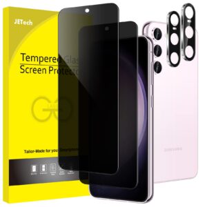 jetech privacy screen protector for samsung galaxy s23+ / s23 plus 5g 6.6-inch with camera lens protector, anti-spy tempered glass film, fingerprint id compatible, 2-pack each