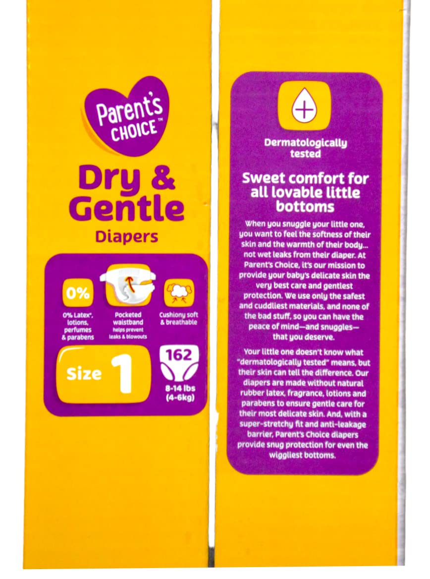 Parent’s Choice Dry & Gentle Diapers, Size 1 (8-14 lbs) - 162 Count