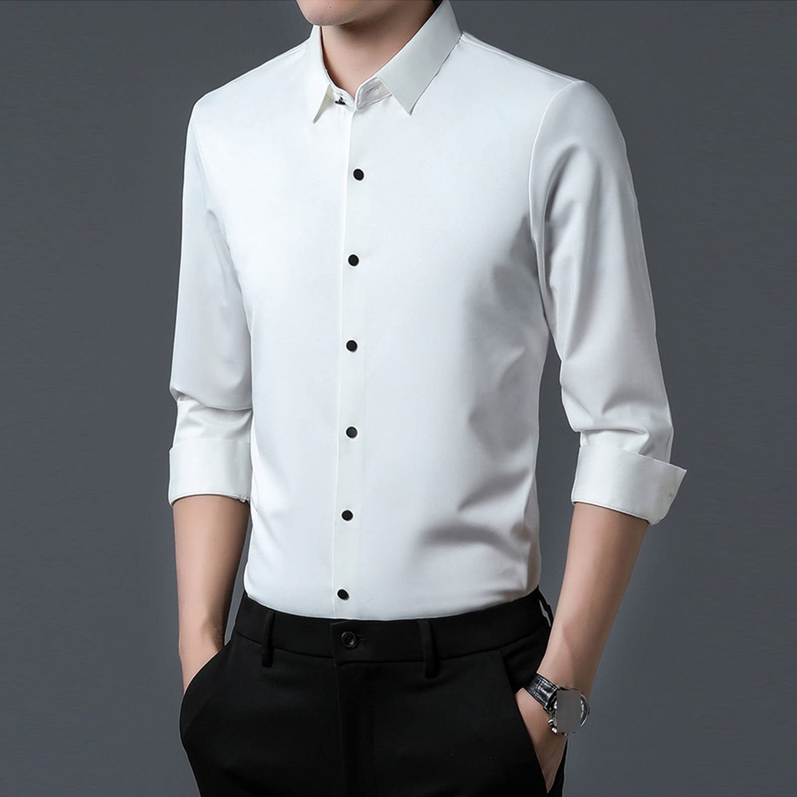 Maiyifu-GJ Men's Wrinkle Free Casual Dress Shirt Regular Fit Button Down Shirts Solid Turn-Down Collar Long Sleeve Shirts (White,165)