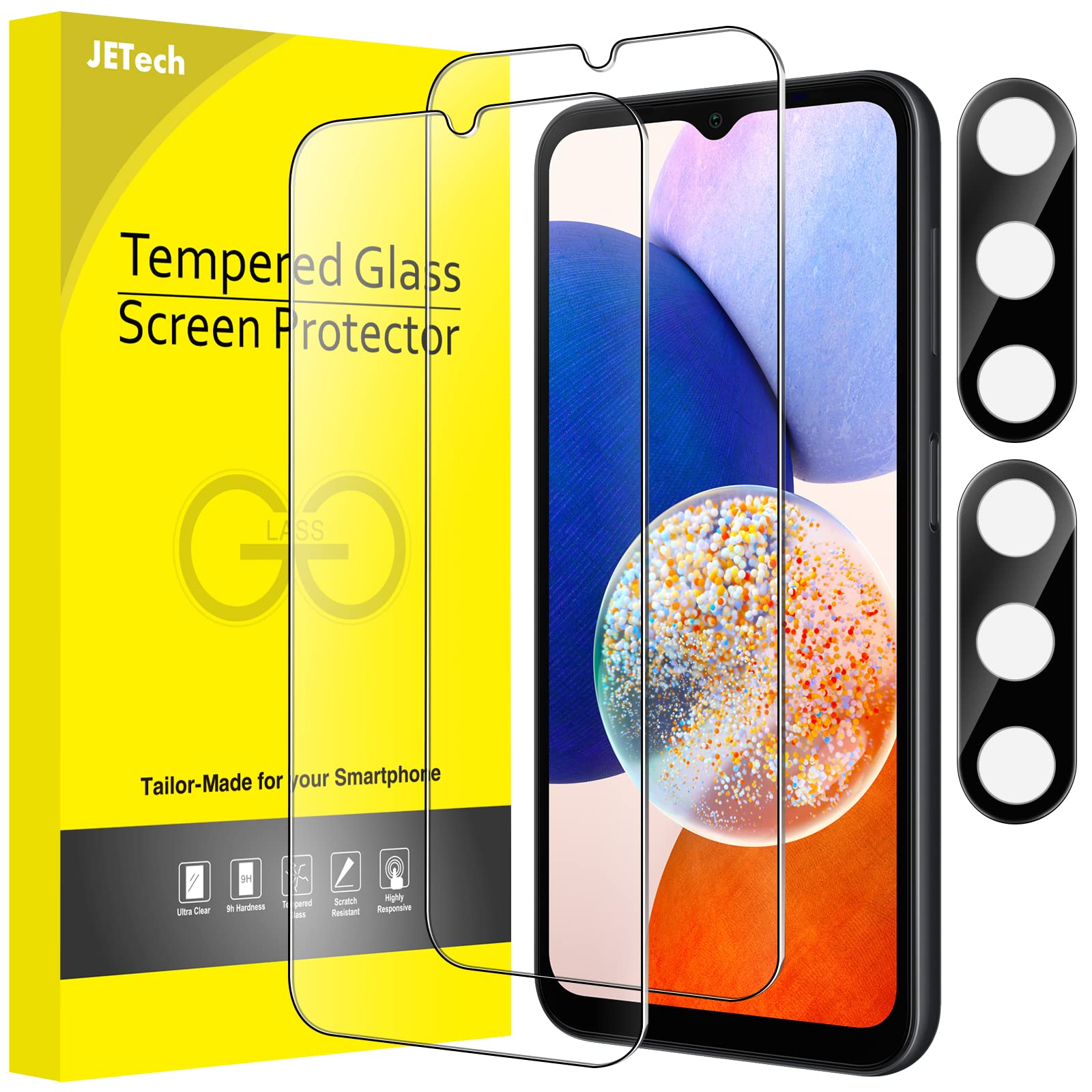 JETech Screen Protector for Samsung Galaxy A14 4G / 5G 6.6-Inch with Camera Lens Protector, Tempered Glass Film, HD Clear, 2-Pack Each