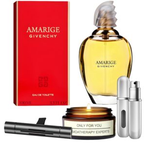 amarige - eau de toilette spray 3.3 oz - gift set pack with lavender soy candle, car air fresheners, and empty travel perfume atomizer