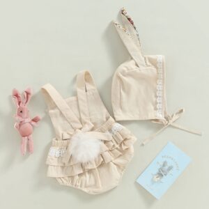 Infant Baby Girl Easter Outfits Short Sleeve Romper Bunny Bodysuit Pompom Jumpsuit Backless Onesie + Hat (D-Light Khaki, 3-6 Months)