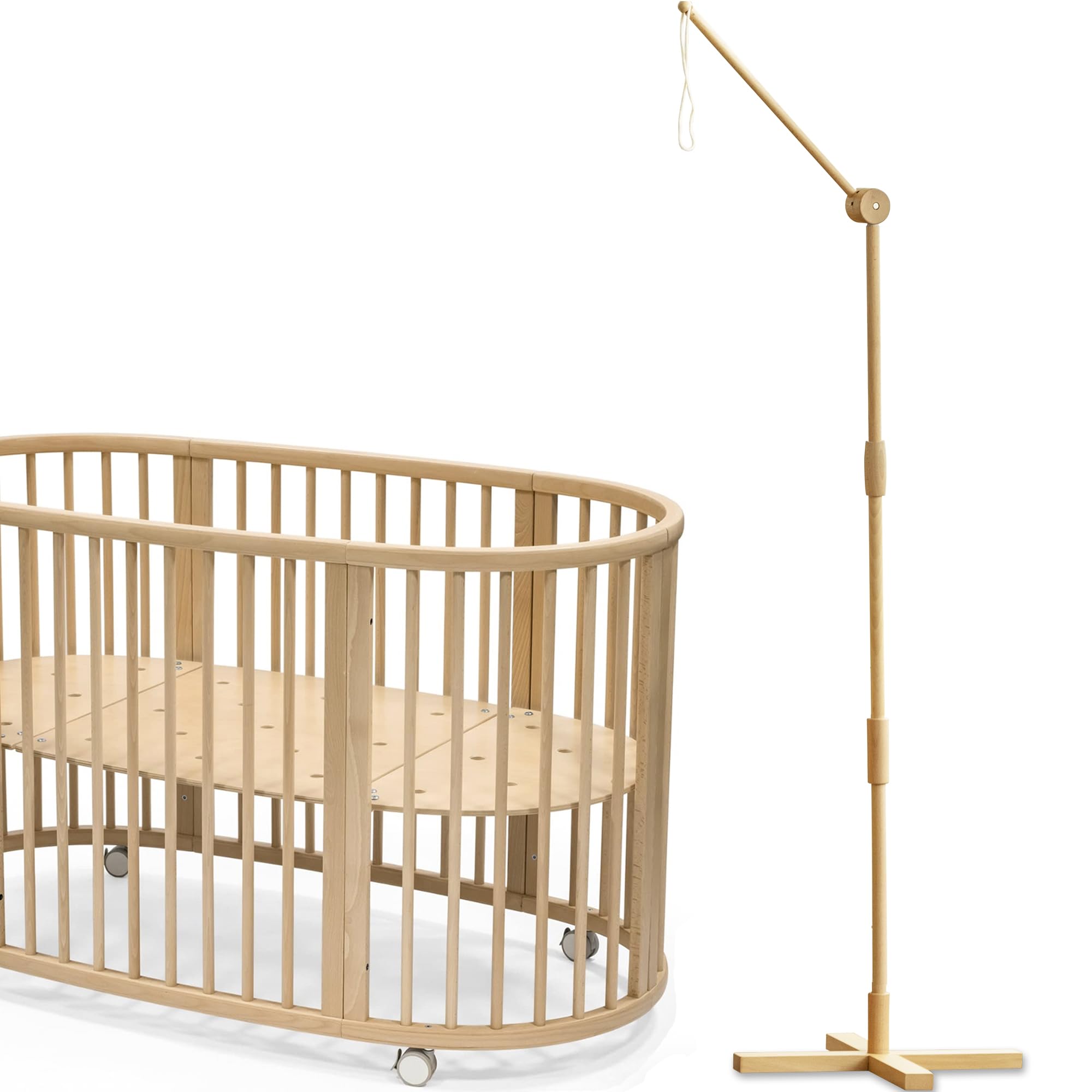 Lanttoe 360° Adjustable Floor-Standing Crib Mobile Arm 61 Inches for Baby Nursery-Movable Wooden Baby Mobile Hanger with Strong Anti Dumping Attachment-Multifunction Mobile Arm for Crib-100ech Wood