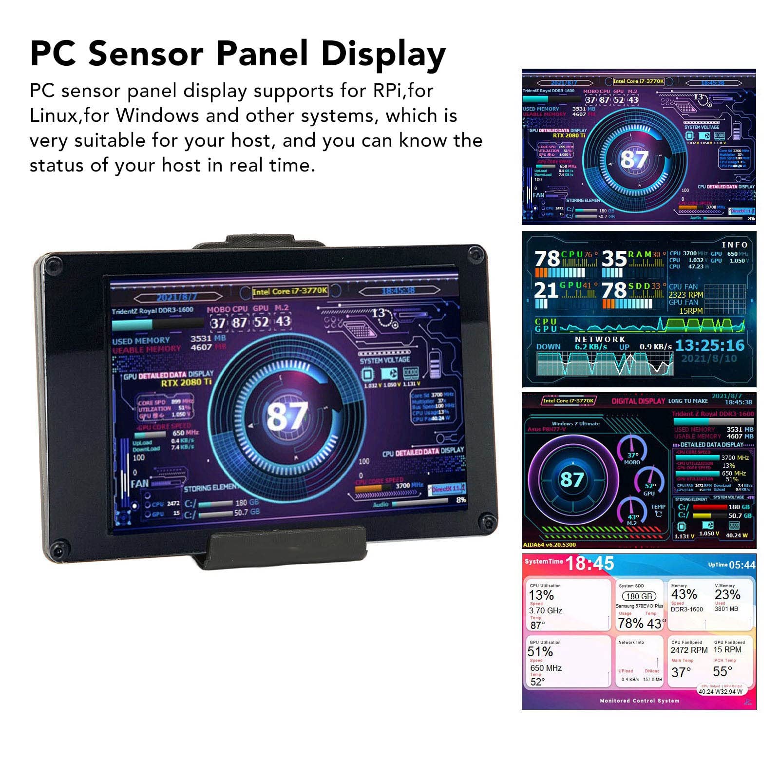 3.5 inch Computer Temp Monitor, AIDA64 PC Temperature Secondary Screen, Screen CPU GPU RAM Temperature Data Monitor, PC Sensor Panel Display for PC ARGB Computer Case