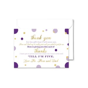 paper clever party 25 purple and gold baby thank you cards pack – cute baby shower notes with envelopes, prefilled message, customizable blank stationery, princess theme, new parents gift ideas