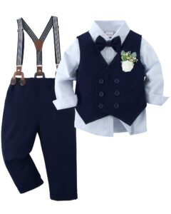 yallet toddler baby boy clothes suit gentleman wedding outfits, formal dress shirt+bowtie+vest+boutonniere+suspender pants(v navy blue, 2-3t)