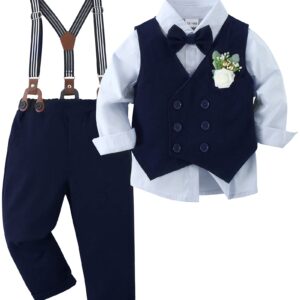 YALLET Toddler Baby Boy Clothes Suit Gentleman Wedding Outfits, Formal Dress Shirt+Bowtie+Vest+Boutonniere+Suspender Pants(V Navy Blue, 2-3T)