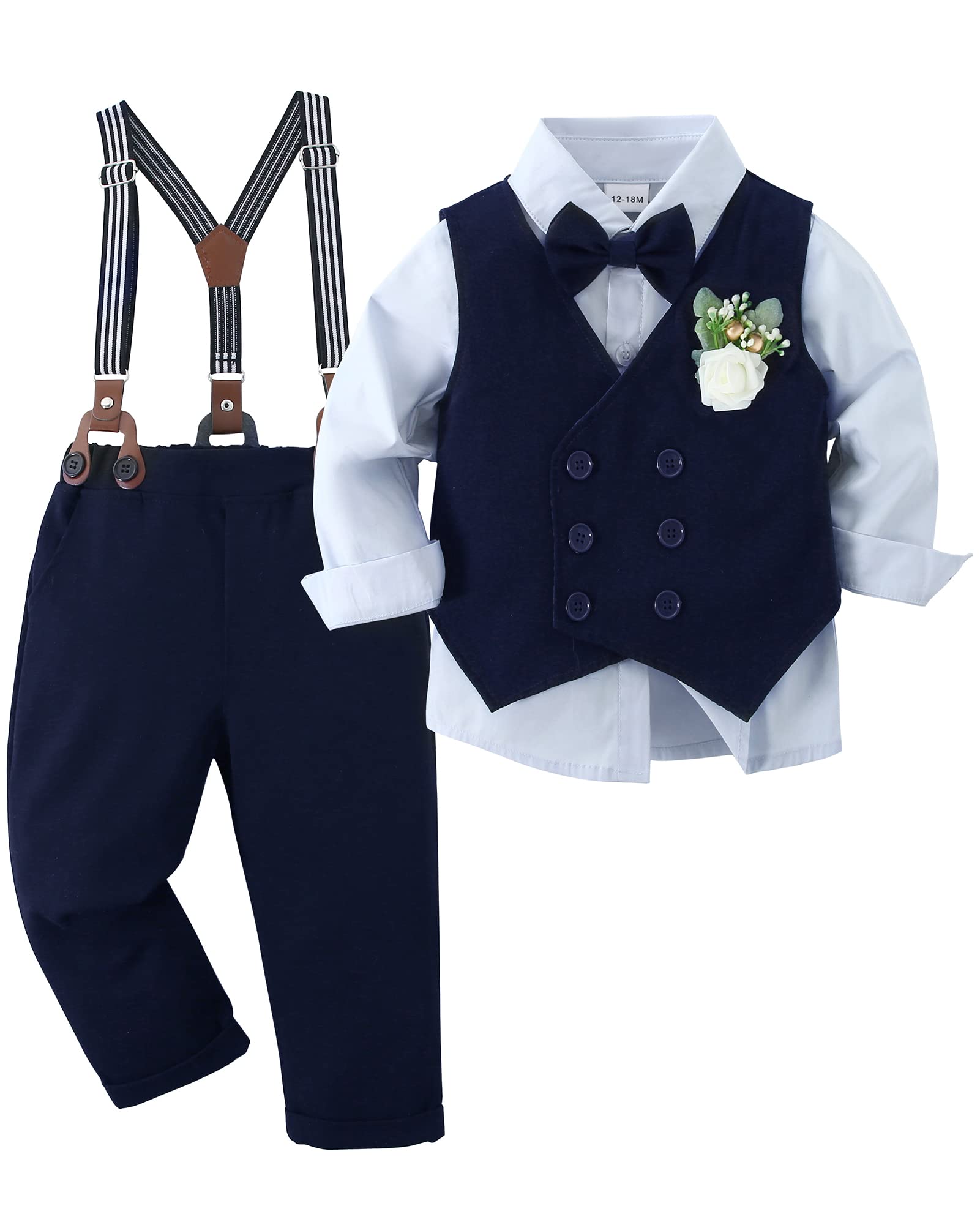 YALLET Toddler Baby Boy Clothes Suit Gentleman Wedding Outfits, Formal Dress Shirt+Bowtie+Vest+Boutonniere+Suspender Pants(V Navy Blue, 2-3T)