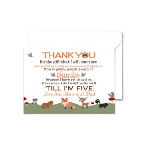 woodland baby shower thank you cards and envelopes – 25 pack, rustic forest animals orange notes set, prefilled message, customizable blank stationery, gender neutral, new parents gift ideas