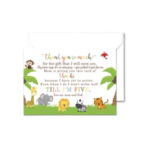 paper clever party 25 jungle baby thank you cards pack – cute baby shower notes with envelopes, prefilled message, customizable blank stationery, gender neutral, new parents gift ideas