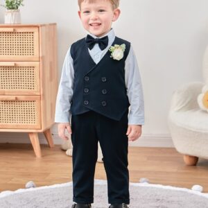 YALLET Toddler Baby Boy Clothes Suit Gentleman Wedding Outfits, Formal Dress Shirt+Bowtie+Vest+Boutonniere+Suspender Pants(V Navy Blue, 2-3T)