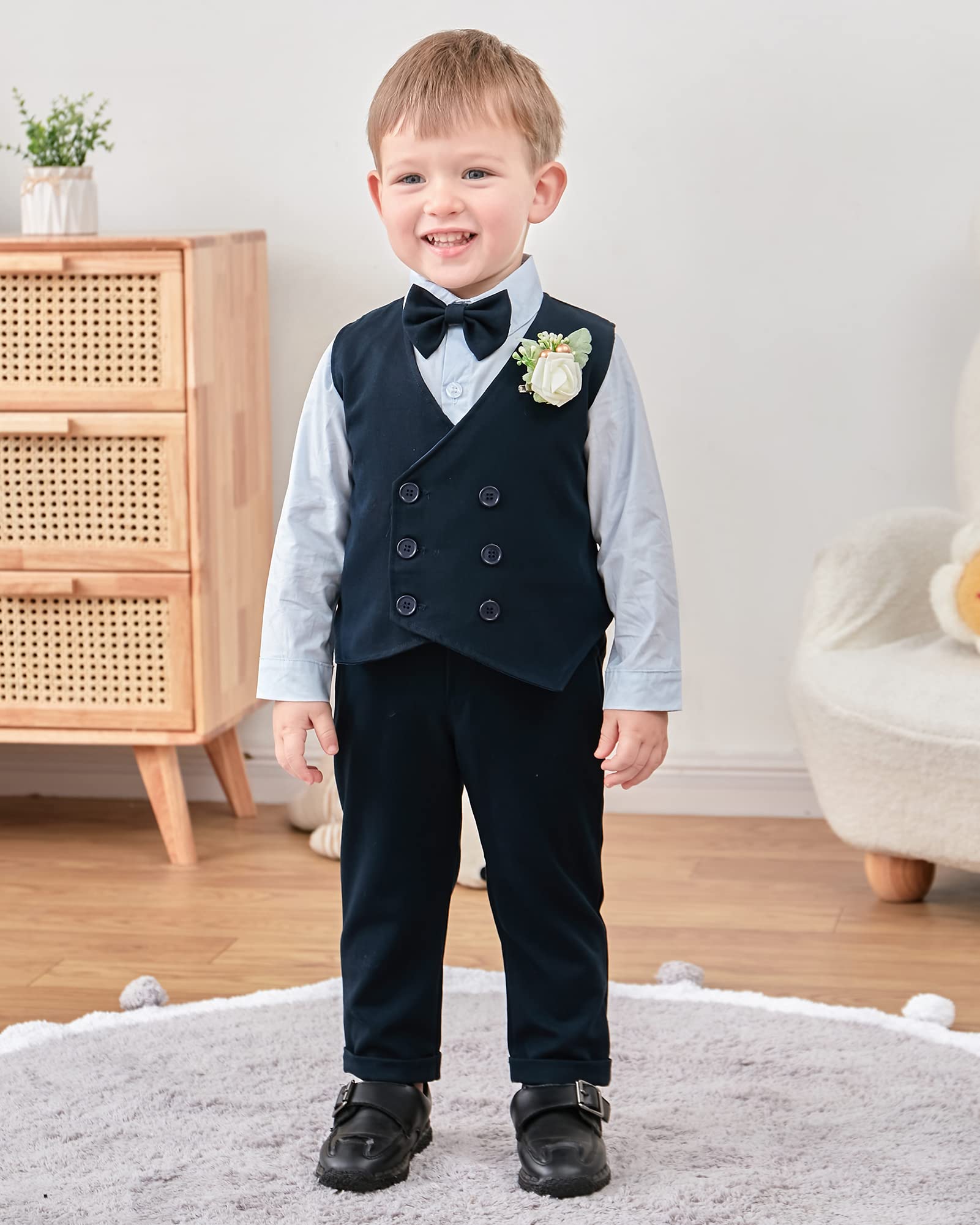 YALLET Toddler Baby Boy Clothes Suit Gentleman Wedding Outfits, Formal Dress Shirt+Bowtie+Vest+Boutonniere+Suspender Pants(V Navy Blue, 2-3T)