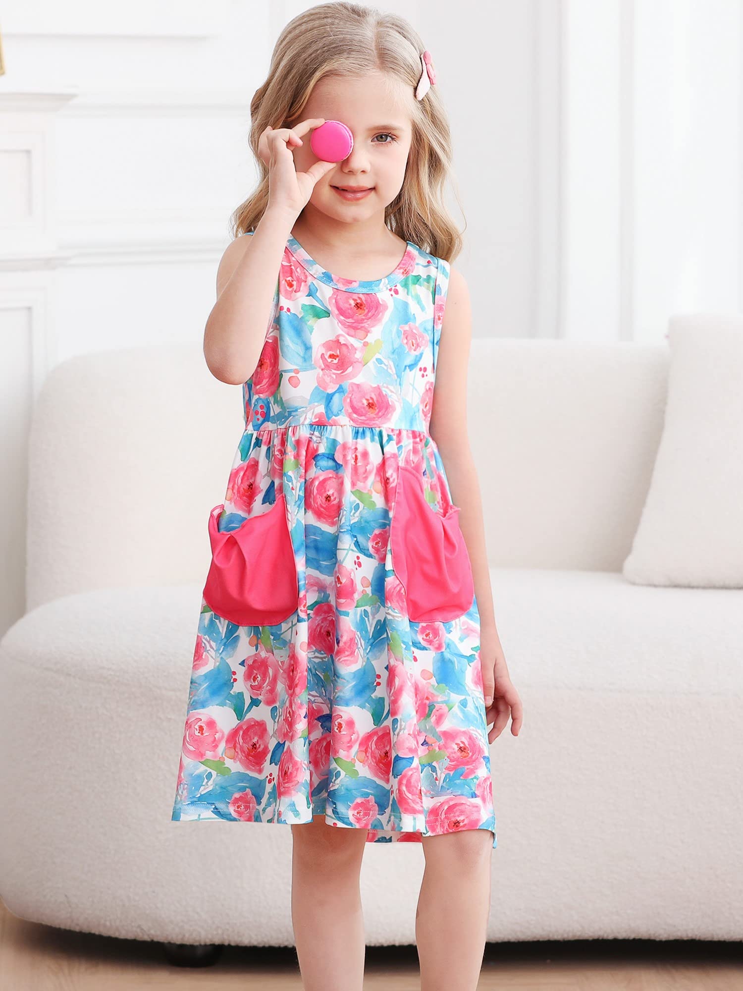 Vieille Toddler Summer Dresses 4t 5t Little Girls Flower Dress with Big Pocket Casual Sundress for Daily Playwear Holiday Party