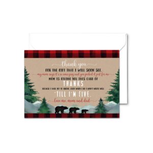 paper clever party 25 lumberjack baby thank you cards pack – boys baby shower notes with envelopes, prefilled message, customizable blank stationery, rustic bear, new parents gift ideas