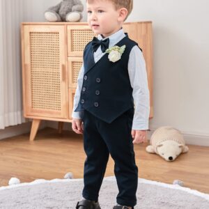 YALLET Toddler Baby Boy Clothes Suit Gentleman Wedding Outfits, Formal Dress Shirt+Bowtie+Vest+Boutonniere+Suspender Pants(V Navy Blue, 2-3T)