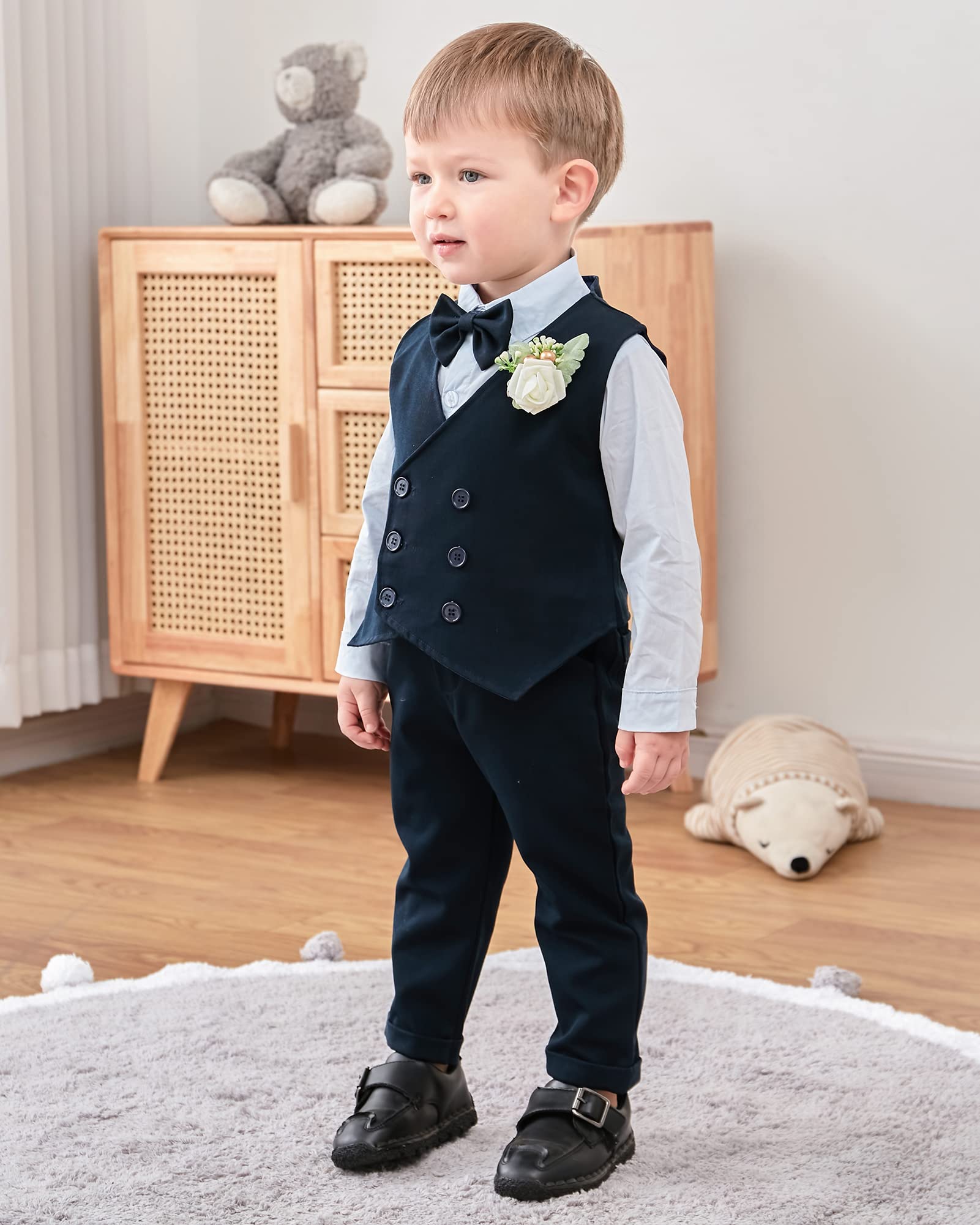 YALLET Toddler Baby Boy Clothes Suit Gentleman Wedding Outfits, Formal Dress Shirt+Bowtie+Vest+Boutonniere+Suspender Pants(V Navy Blue, 2-3T)