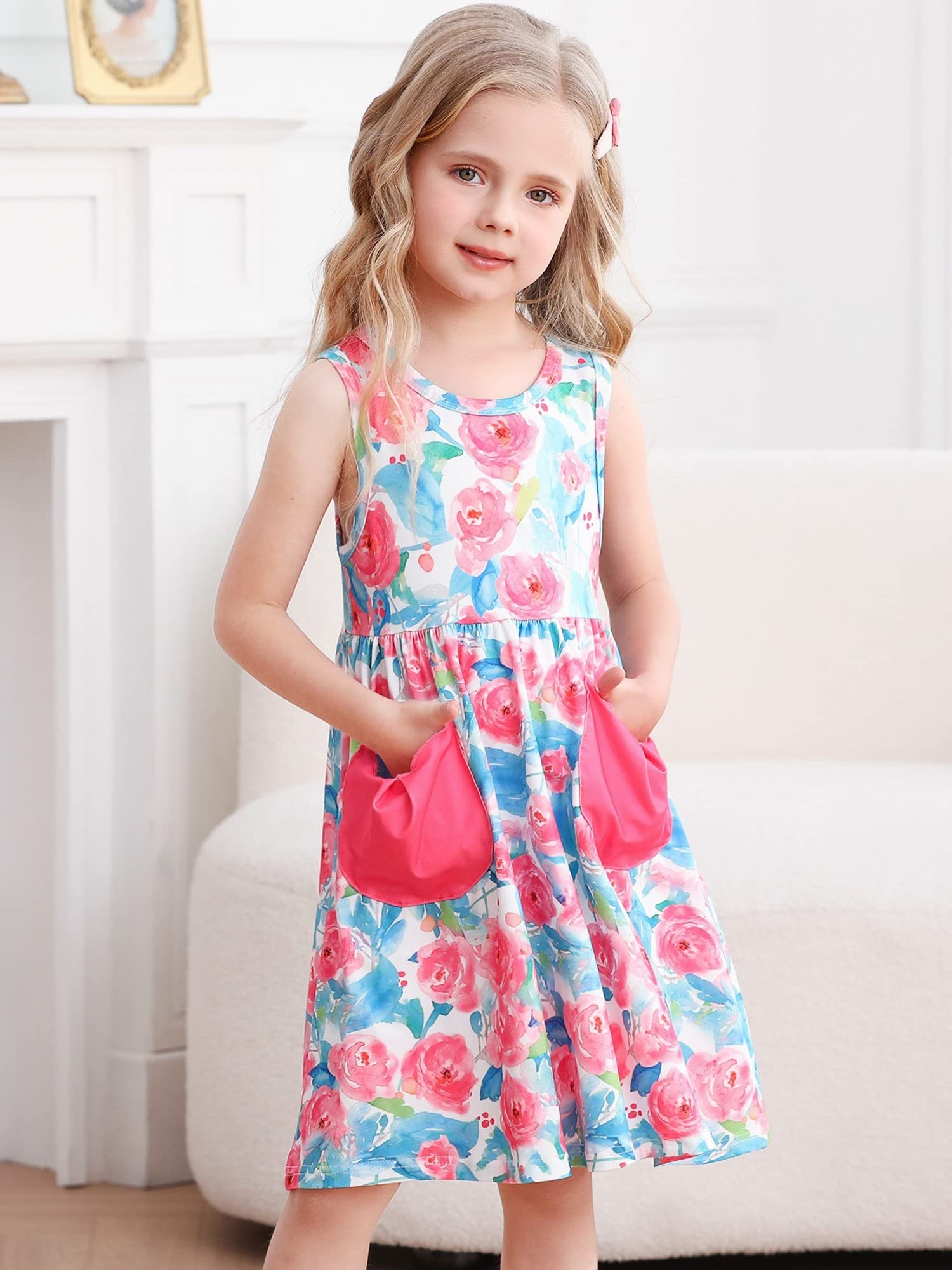 Vieille Toddler Summer Dresses 4t 5t Little Girls Flower Dress with Big Pocket Casual Sundress for Daily Playwear Holiday Party