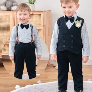 YALLET Toddler Baby Boy Clothes Suit Gentleman Wedding Outfits, Formal Dress Shirt+Bowtie+Vest+Boutonniere+Suspender Pants(V Navy Blue, 2-3T)