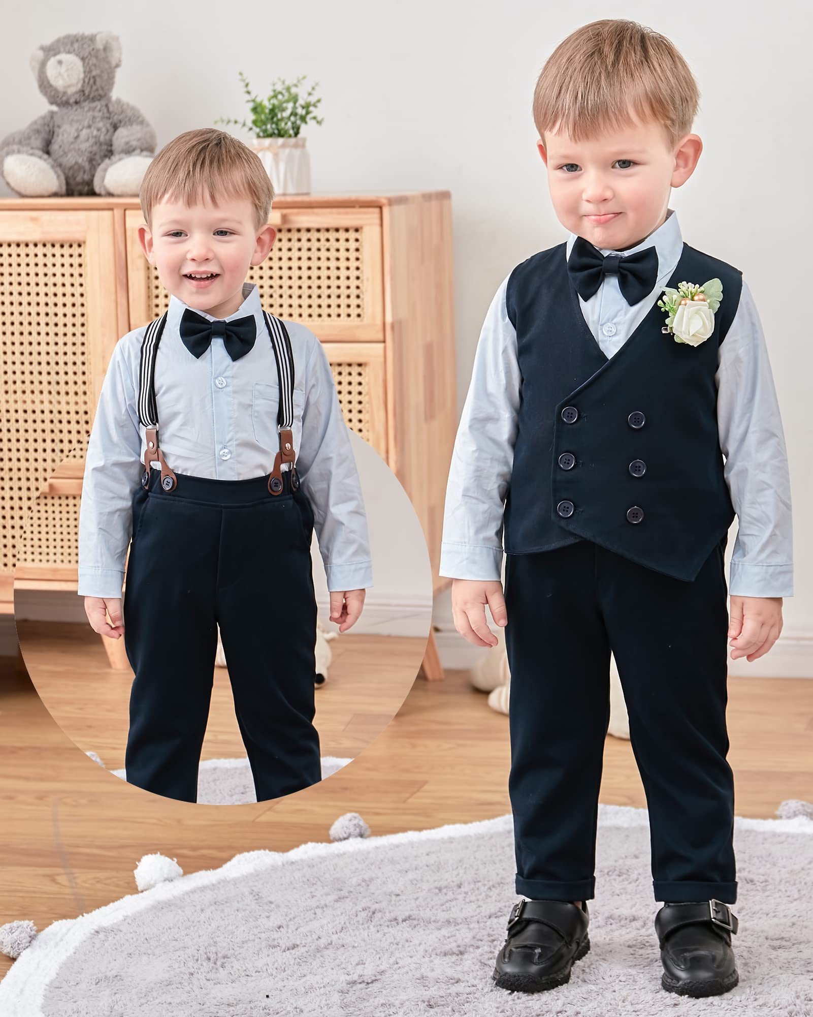 YALLET Toddler Baby Boy Clothes Suit Gentleman Wedding Outfits, Formal Dress Shirt+Bowtie+Vest+Boutonniere+Suspender Pants(V Navy Blue, 2-3T)