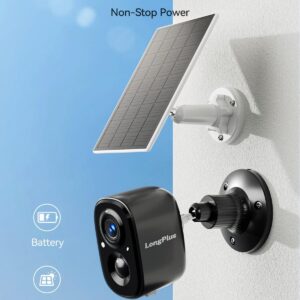 LongPlus Solar Camera, Solar Powered Outdoor Camera Wireless WiFi, No Monthly Fee, AI Detection, WiFi Home Surveillance Camera Outside with Solar Panel, Color Night Vision (Black-Solar-2MP-2Pack)