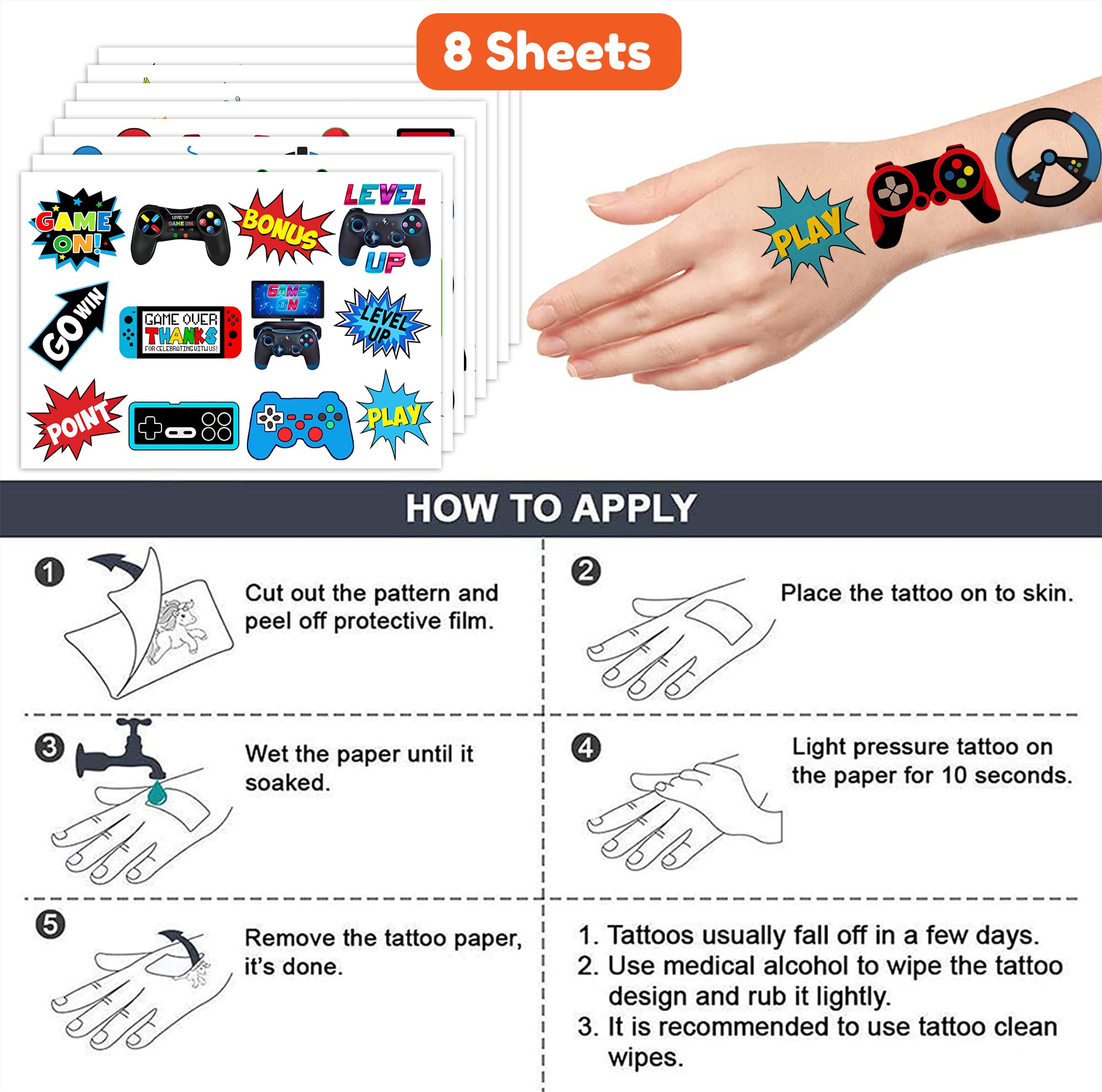 Gamer Temporary Tattoos Themed Birthday Party Decorations Supplies Favors Decor Cute Tattoo Stickers 8 Sheets 96 PCS Gifts for Kids Boys Girls Games Classroom Rewards Prizes Carnival Christmas