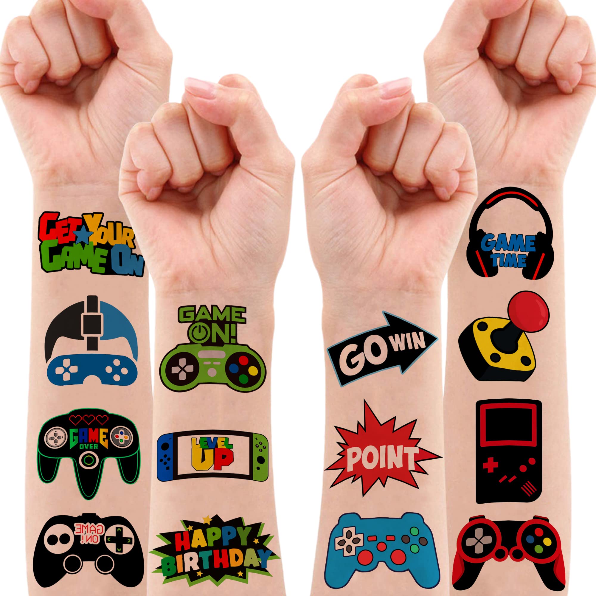 Gamer Temporary Tattoos Themed Birthday Party Decorations Supplies Favors Decor Cute Tattoo Stickers 8 Sheets 96 PCS Gifts for Kids Boys Girls Games Classroom Rewards Prizes Carnival Christmas